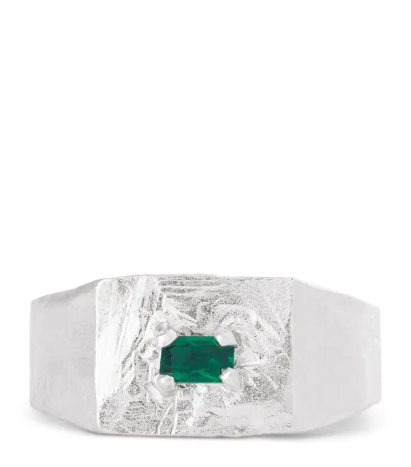 THE OUZE Sterling Signet Ring With Emerald - Silver