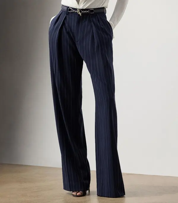 Ralph Lauren Wool Pinstripe Wide-leg Trousers - Navy