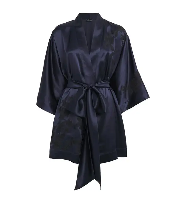 Carine Gilson Silk Floral Julia Mini Kimono Robe - Navy