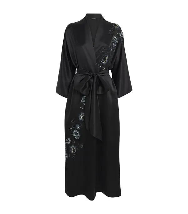 Carine Gilson Silk Embellished Maxi Kimono Robe - Black