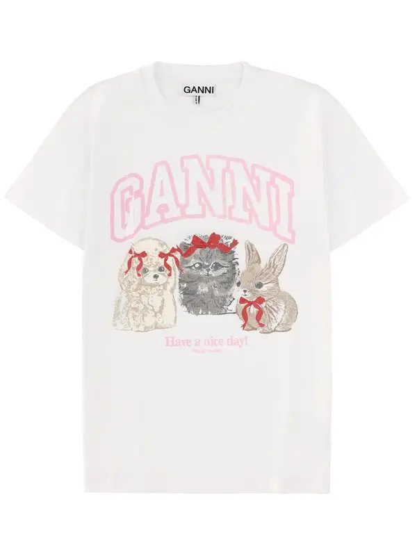 GANNI Printed Relaxed Fit T-shirt - White