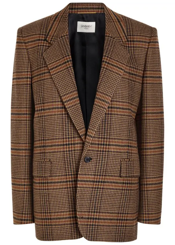 Saint Laurent Houndstooth Wool Blazer - Brown