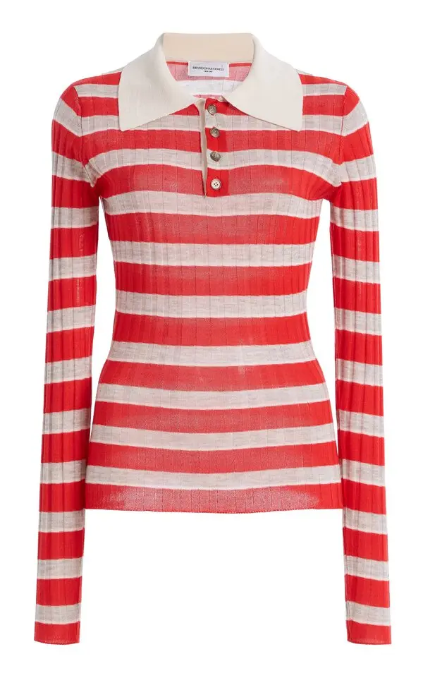 Brandon Maxwell Joni Striped Silk-cashmere Polo Top - Red