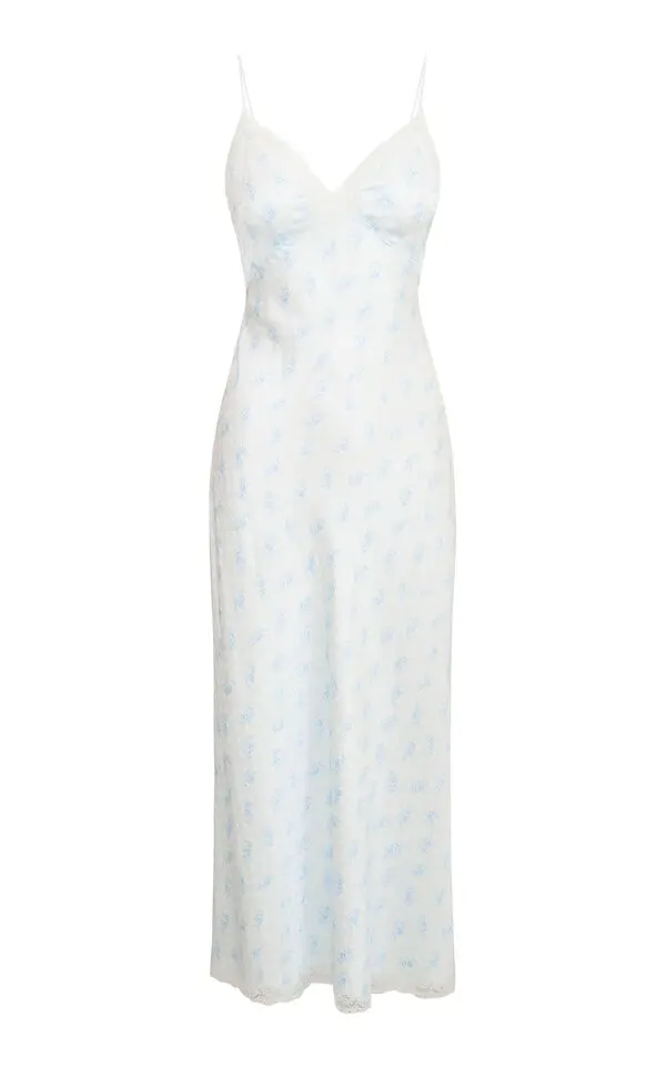 LoveShackFancy Manuela Printed Silk Midi Slip Dress - Blue