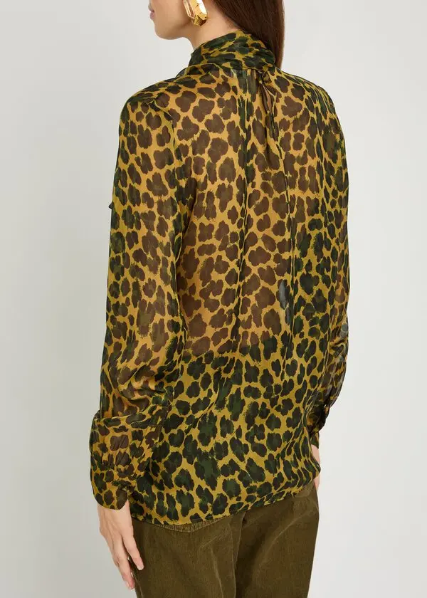 Saint Laurent Leopard Print Silk Blouse - Green