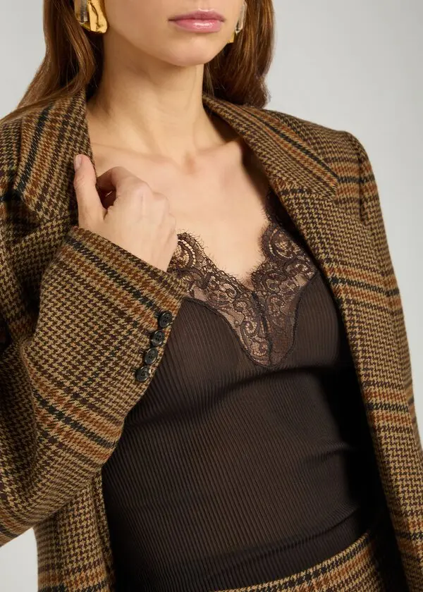 Saint Laurent Lace-trimmed Ribbed Silk Tank Top - Brown