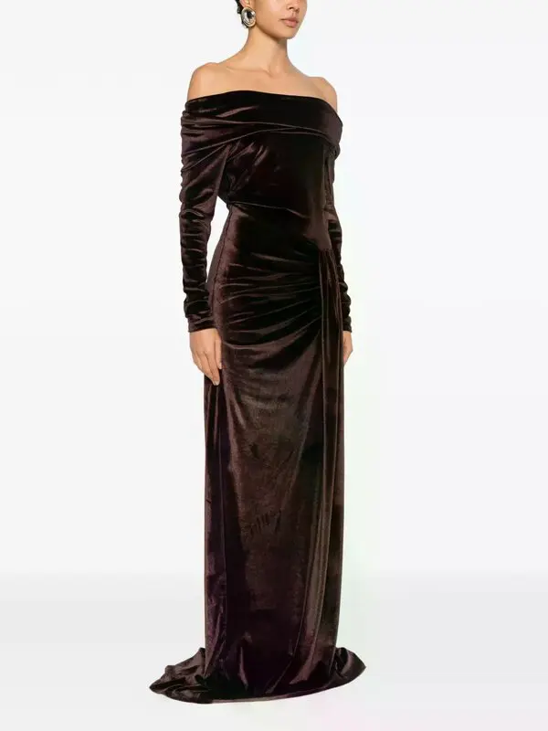 MIAU BY CLARA ROTESCU Off-shoulder Draped Maxi Dress - Brown