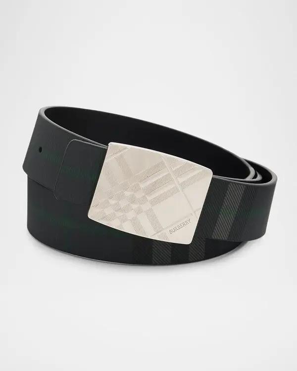 Burberry Check-engraved Buckle Reversible Leather Belt - Black/char