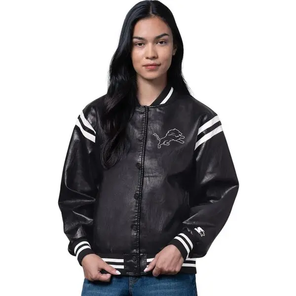 STARTER Detroit Lions High Heat Vegan Leather Full-snap Varsity Jacket - Black