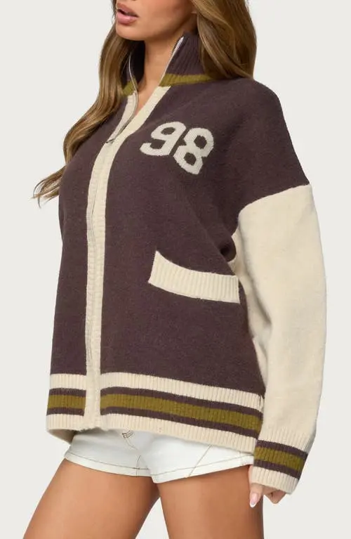 EDIKTED Varsity Zip Sweater - Brown