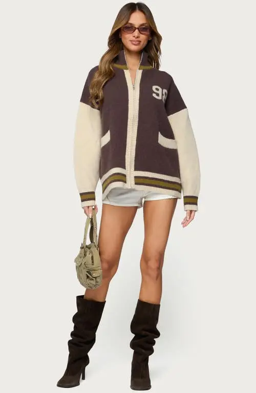 EDIKTED Varsity Zip Sweater - Brown