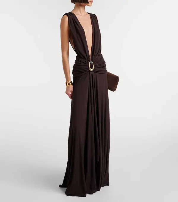 Christopher Esber Draped Jersey Maxi Dress With Stone Pin