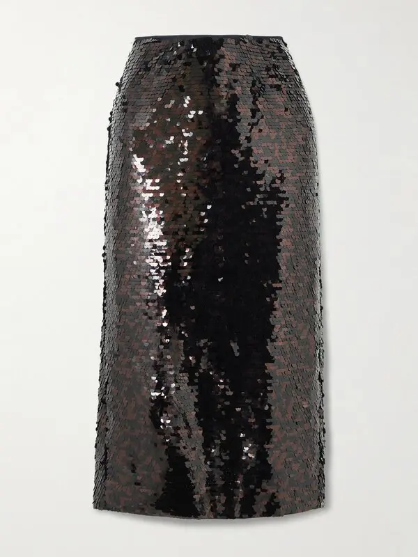 Staud Ciara Sequined Mesh Midi Skirt - Black