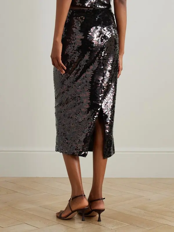 Staud Ciara Sequined Mesh Midi Skirt - Black