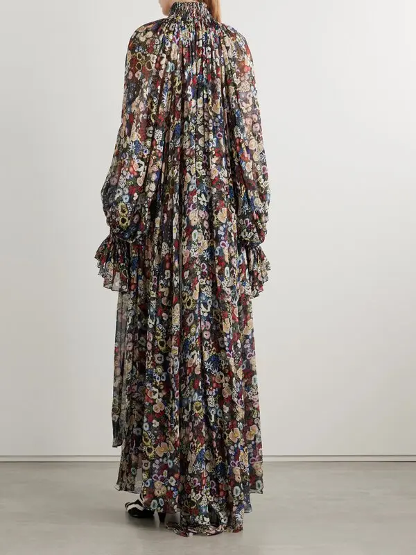 Khaite Edgar Pleated Floral-print Silk-chiffon Maxi Dress - Black