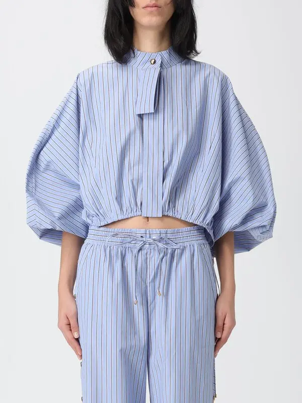 Zimmermann Striped Cropped Blouse With Pussy Bow - Gnawed Blue