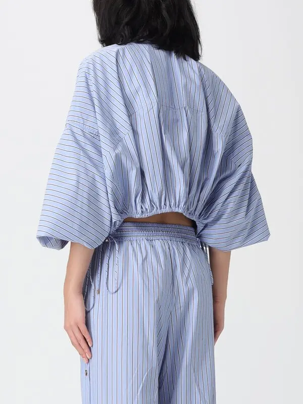 Zimmermann Striped Cropped Blouse With Pussy Bow - Gnawed Blue