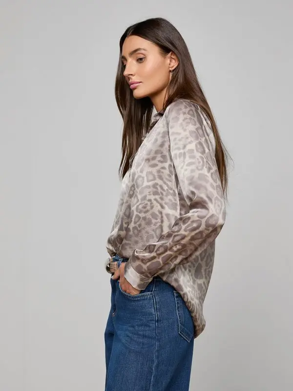 L'Agence Tyler Silk Blouse Top - Grey Multi Patch Leopard
