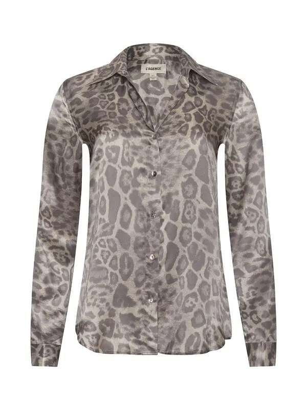 L'Agence Tyler Silk Blouse Top - Grey Multi Patch Leopard