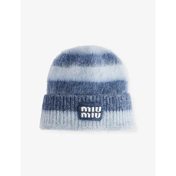 Miu Miu Striped Wool-blend Beanie With Logo Patch - Blu+cielo