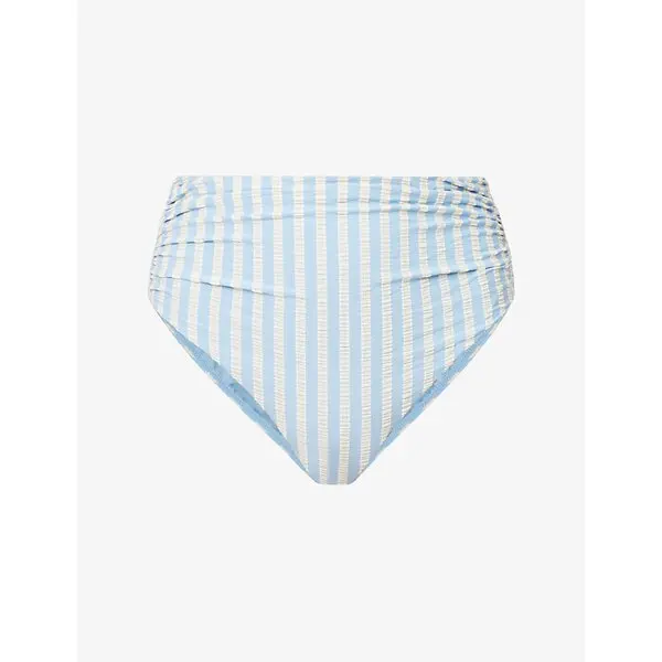 Simkhai Teya High Waist Ruched Bikini Bottom - Hydrangea Blue Stripe