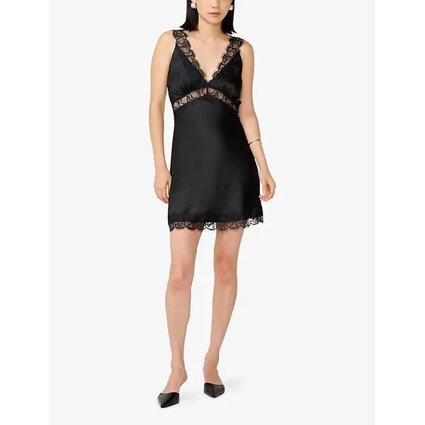 mini high neck black dress Larna Lace Trim Satin Mini Dress in Black main image 0