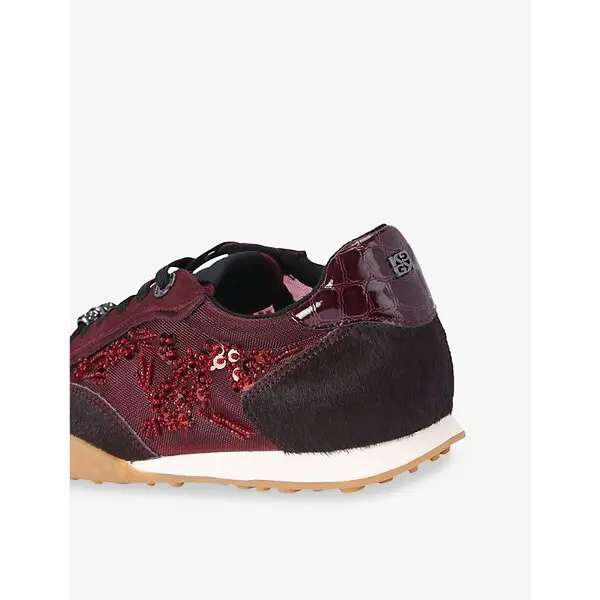 Kurt Geiger Floral Beaded Mesh Trainers - Wine