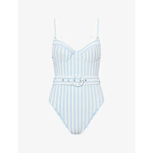 Simkhai Noa Striped Belted Swimsuit - Hydrangea Blue Stripe