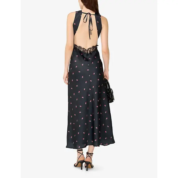 Omnes Womens Black Aurelia Floral-print Satin Maxi Dress 14