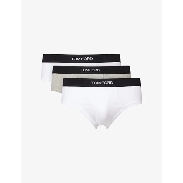 TOM FORD Mid-rise Branded Pack Of Two Stretch-cotton Briefs - White / Grey