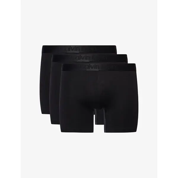 Calvin Klein Mid-rise Branded Pack Of Three Stretch-woven Boxer Briefs - Black, Black, Black