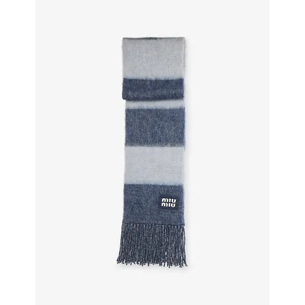 Miu Miu Striped Logo-patch Wool-blend Scarf - Blu+cielo