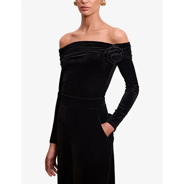 OMNES Rose-appliqué Stretch-velvet Top