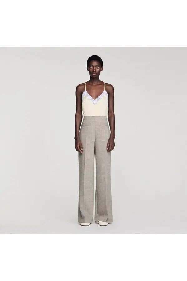 Sandro Wide-leg Checked Wool Trousers - Neutral