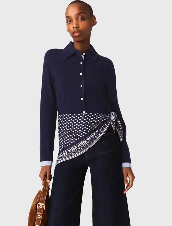 Maje Wool And Cashmere Polo Cardigan With Removable Gingham Collar And Cuffs