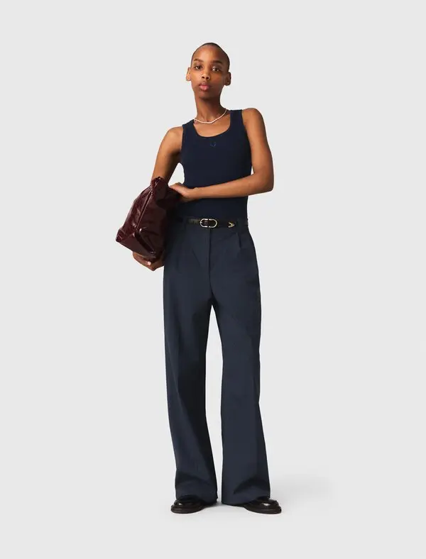 Maje Rib Knit Tank Top With Logo Embroidery - Navy