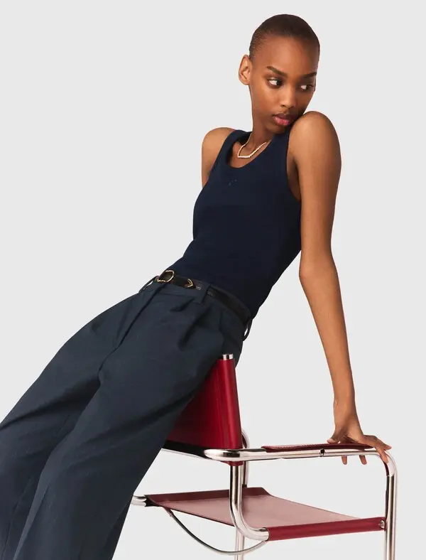Maje Rib Knit Tank Top With Logo Embroidery - Navy