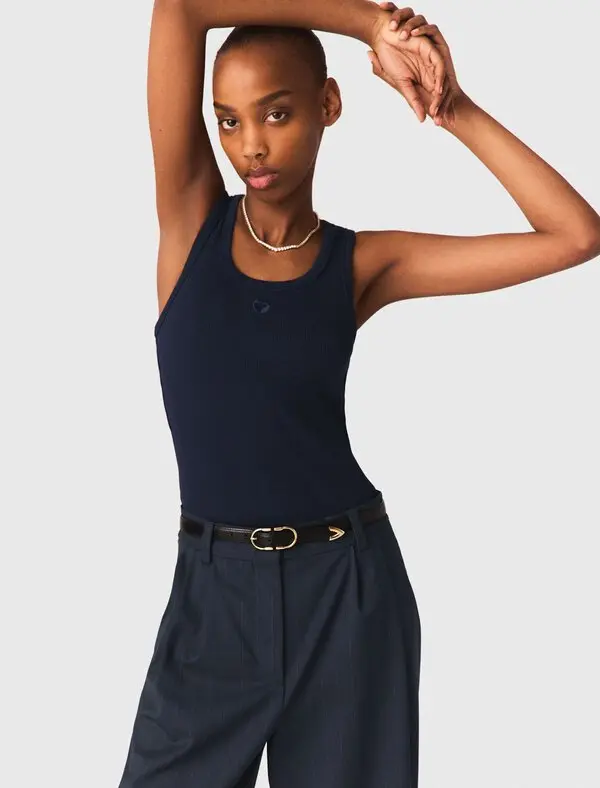 Maje Rib Knit Tank Top With Logo Embroidery - Navy