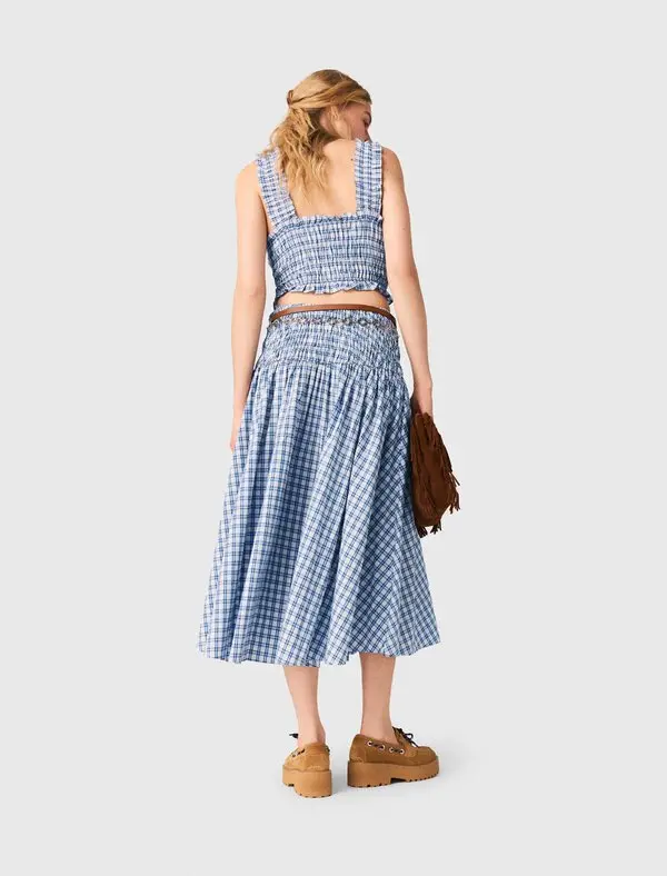 Maje Smocked Rhinestone Cotton Top - Blue Check Print