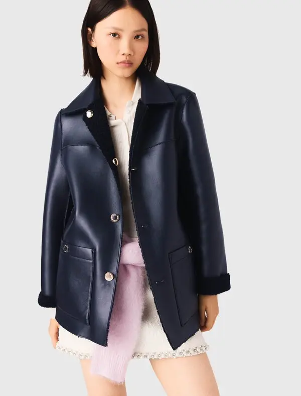 Maje Reversible Faux Shearling And Leather-look Jacket With Gold Button Detail - Navy