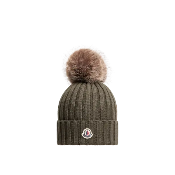 Moncler Wool Beanie With Faux Fur Pom Pom - Green