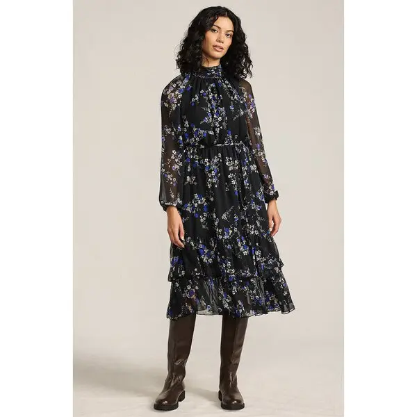 LANDS' END Crinkle Chiffon Ruffle Dress - Black/lapis Fall Floral