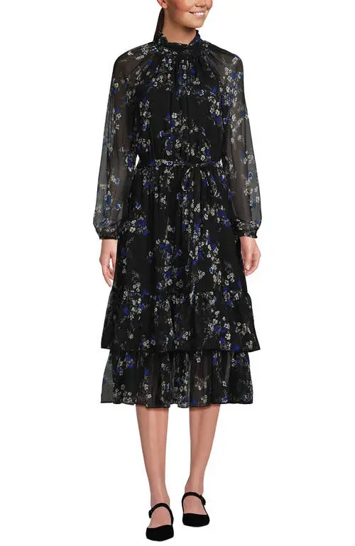 LANDS' END Crinkle Chiffon Ruffle Dress - Black/lapis Fall Floral