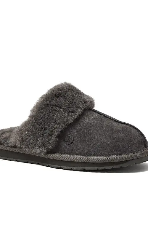 LANDS' END Suede Furry Lined Slippers - Dark Gray Suede