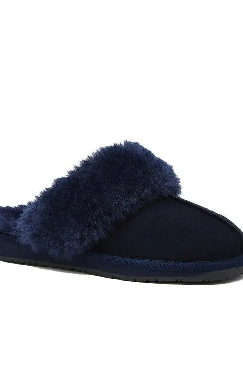 LANDS' END Suede Furry Lined Slippers - Deep Sea Navy