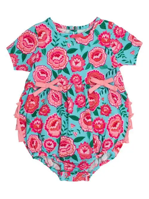 RUFFLEBUTTS Knit Bow Bubble Romper - Bright Blossoms