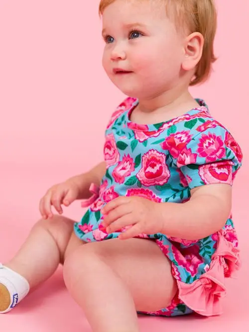 RUFFLEBUTTS Knit Bow Bubble Romper - Bright Blossoms