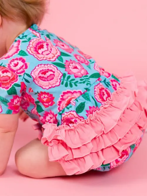 RUFFLEBUTTS Knit Bow Bubble Romper - Bright Blossoms