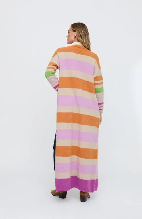 RAFFYA Long Line Rugby Stripe Cardigan