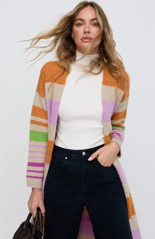 RAFFYA Long Line Rugby Stripe Cardigan
